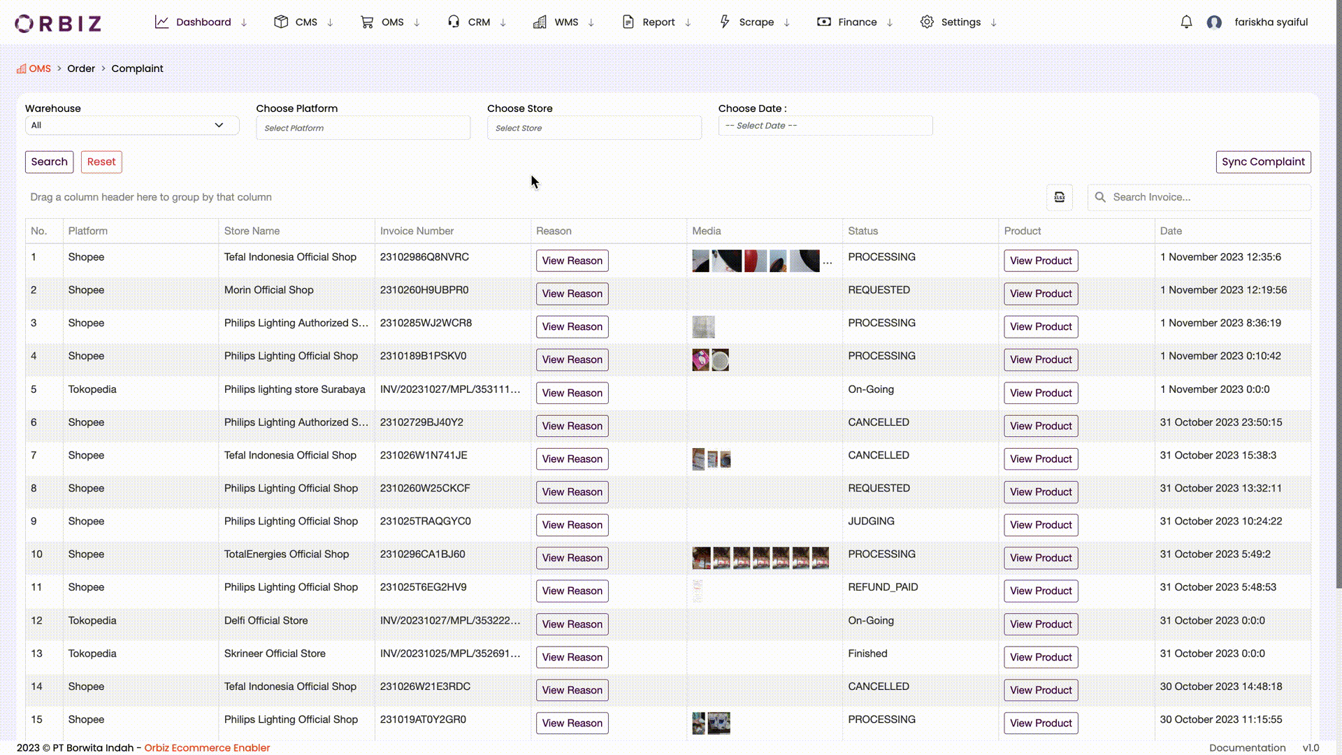 Complaint List | Orbiz Documentation