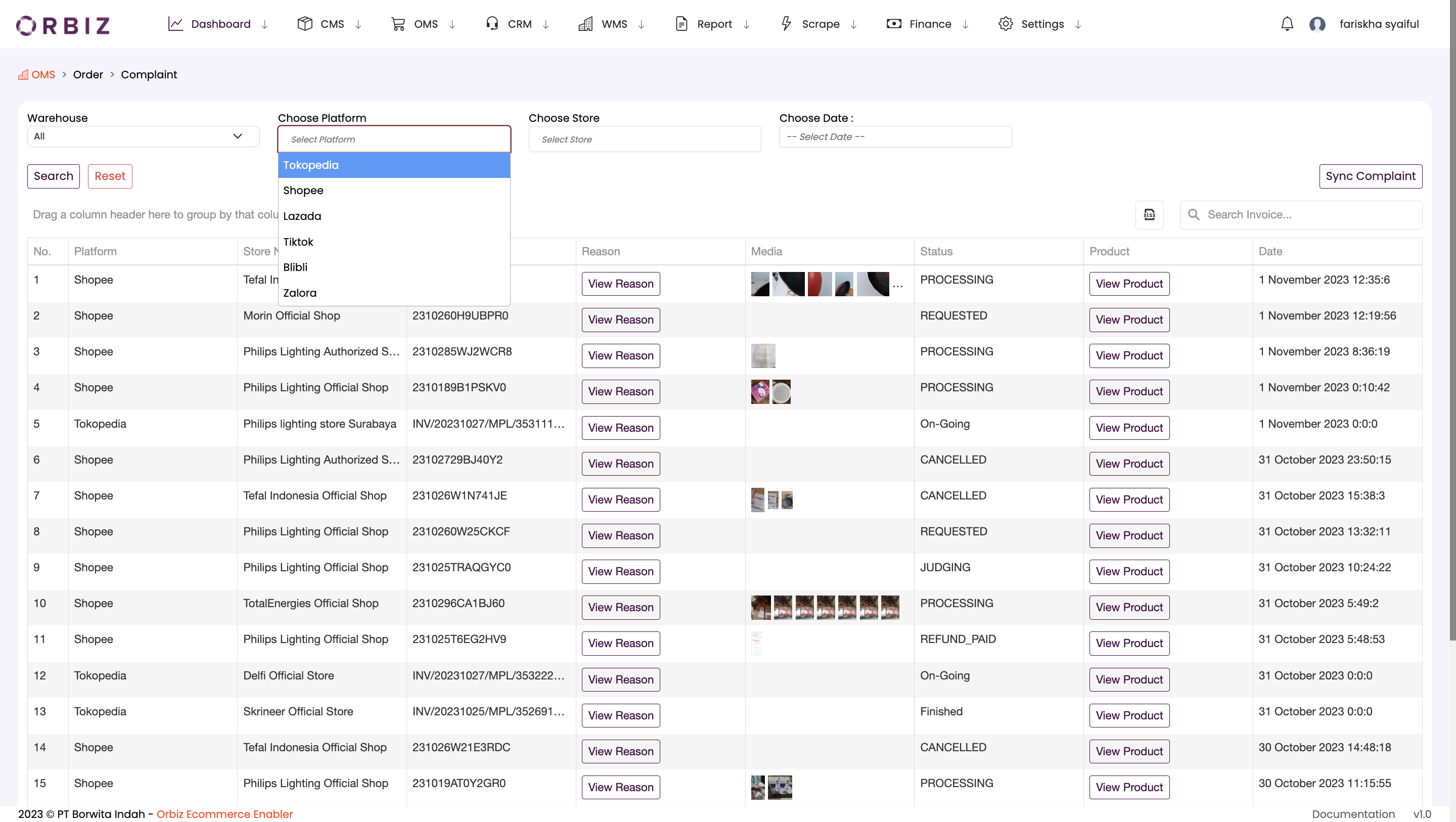 Complaint List | Orbiz Documentation