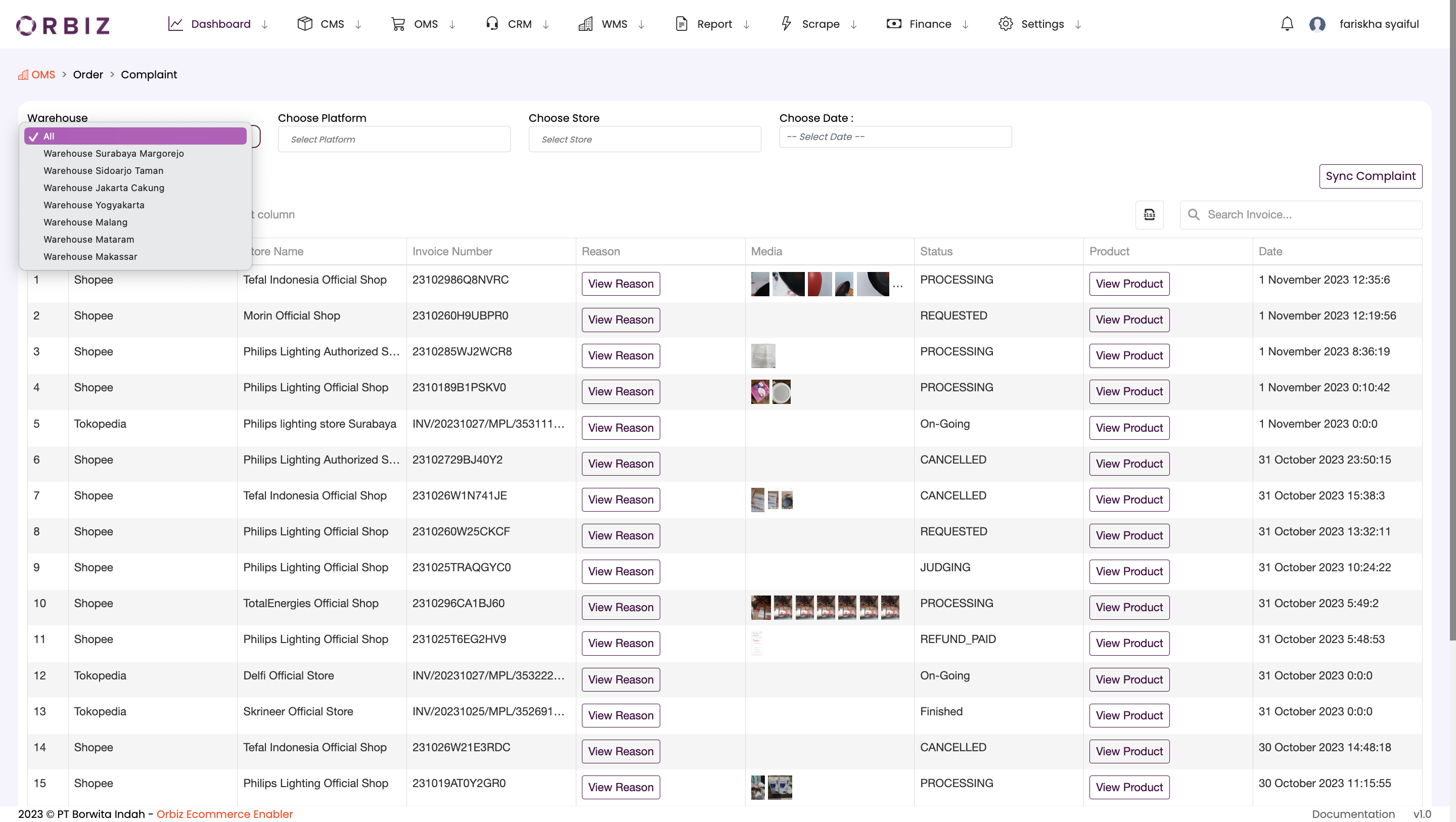 Complaint List | Orbiz Documentation